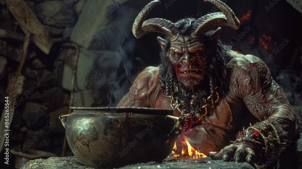 A portrait of a red eye horned devil standing to a huge cauldron in ...