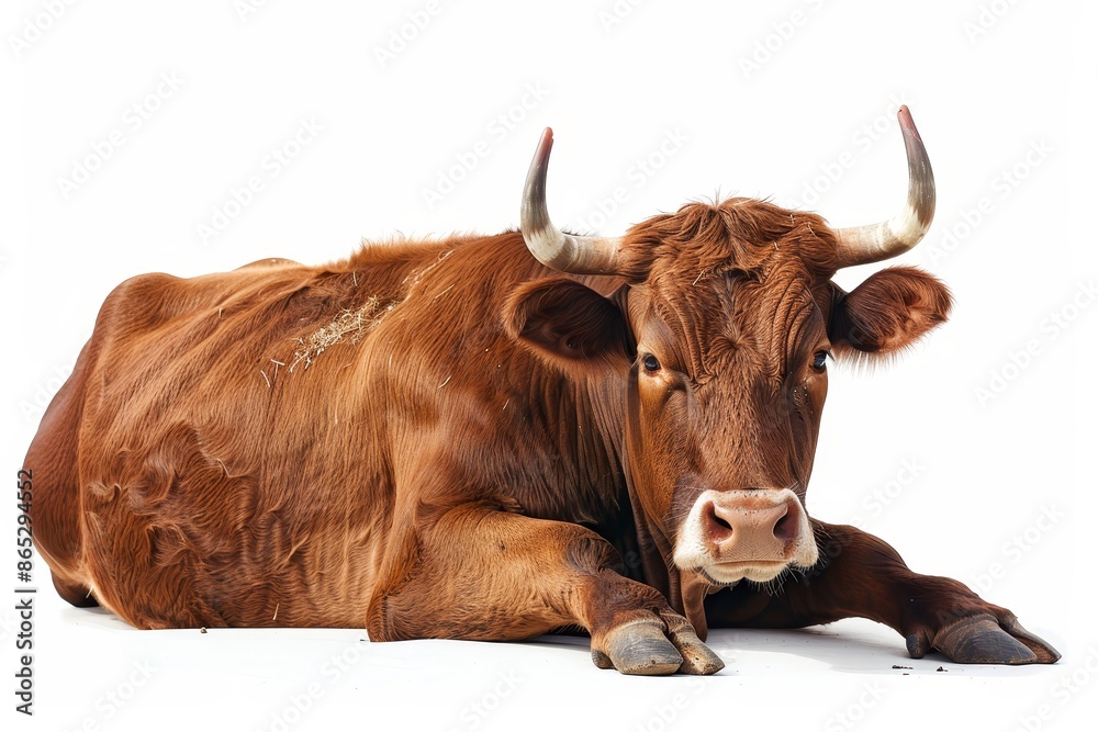 The strongest dark brown bull with long horns and muscles isolated on a ...