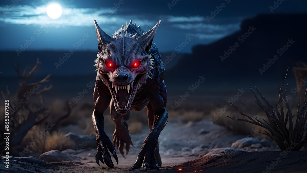 Chupacabra, with reptilian features and glowing red eyes, prowls ...