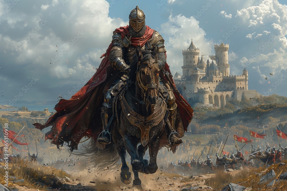 A knight in armor riding a horse, leading an army towards a medieval ...