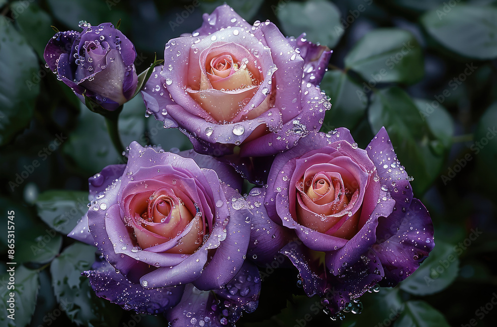 Four purple and purple white roses, set against the backdrop of green ...