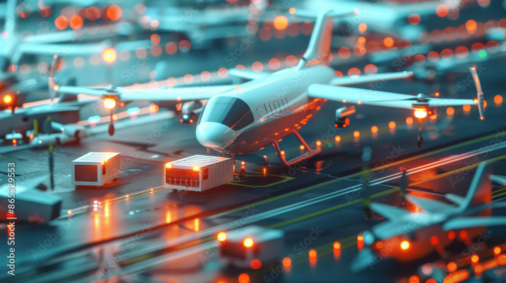 Modern electric airplane at a busy airport terminal during evening with ...