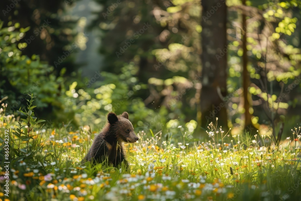 adorable baby bear cub exploring a lush forest clearing surrounded by ...