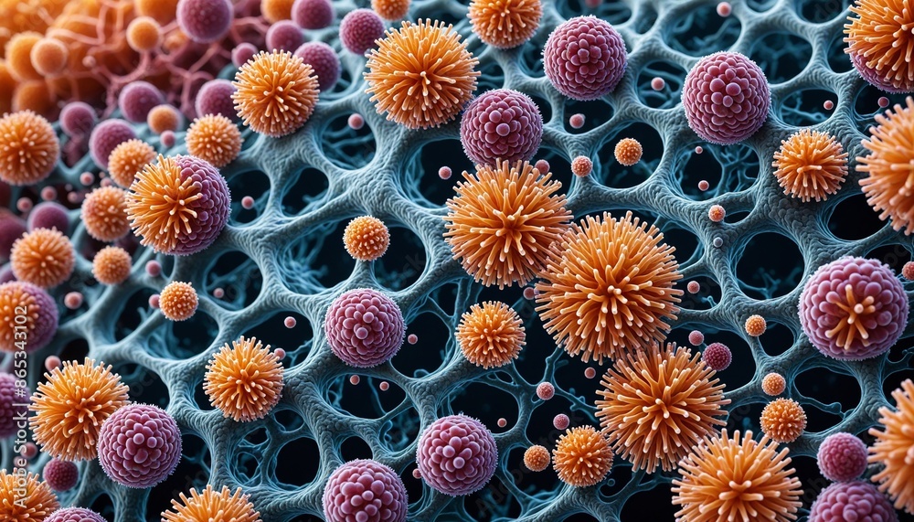 bacteria forming a biofilm on a surface, depicting the complex ...