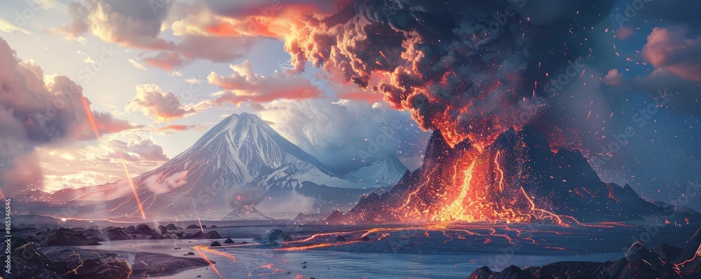 Artificial Intelligence , AI Generated Illustration of a Volcanic ...