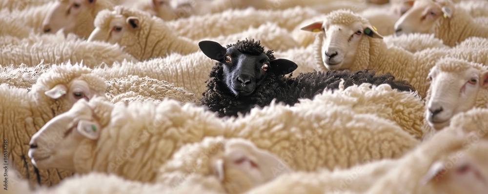 Black sheep standing out in a flock of white sheep; odd one out ...