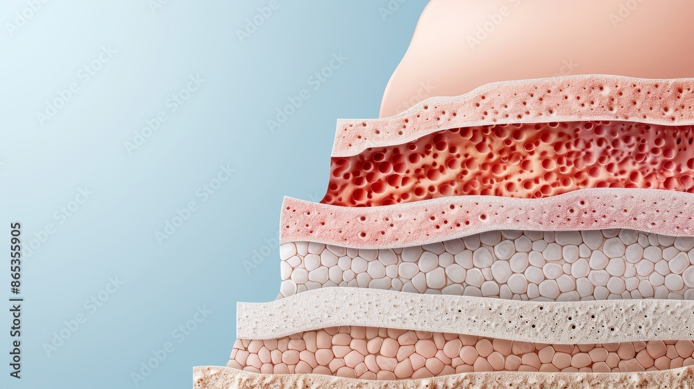 Anatomical illustration of skin cross-section, displaying cellular ...