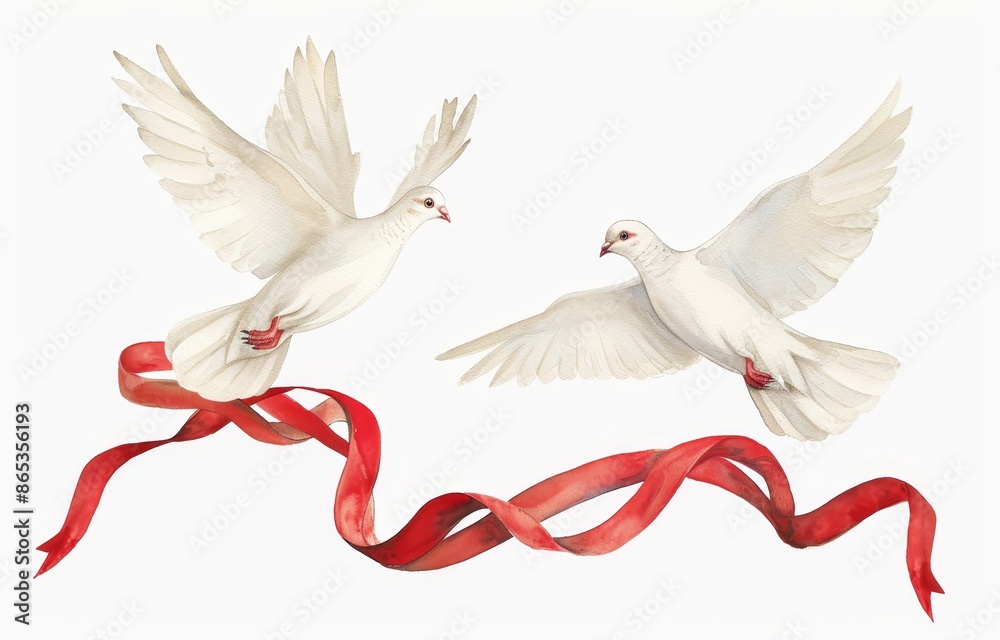The flying doves and the red ribbon are symbols of peace. This ...