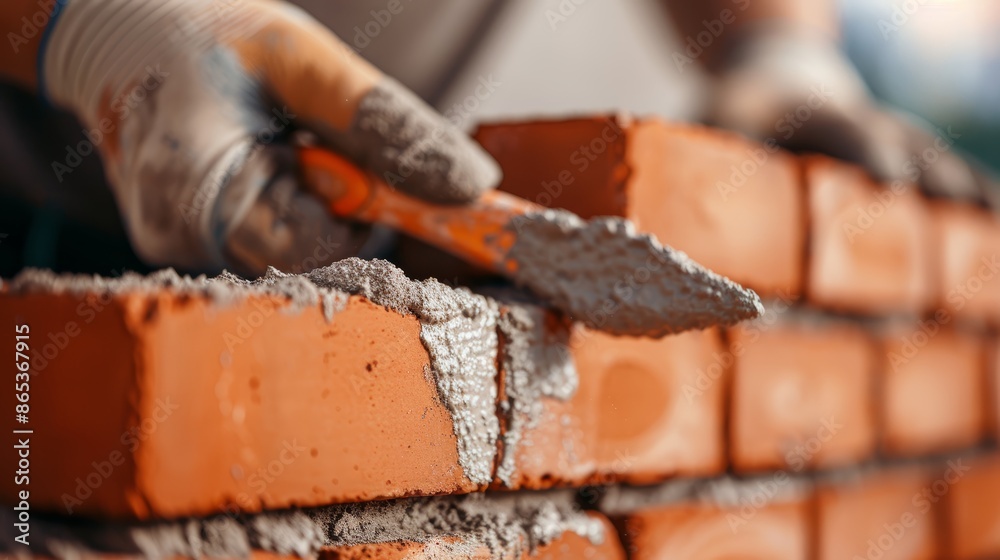 Bricklayers building a red brick wall, close-up of tools and hands, wet ...