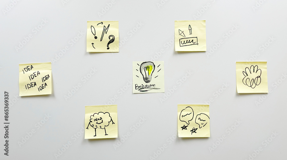 Brainstorm background. Ideas are depicted on sticky note paper ...