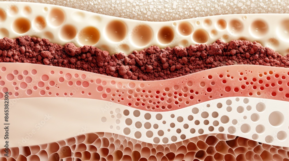 Cross-sectional view of skin layers, showcasing detailed cells, hair ...