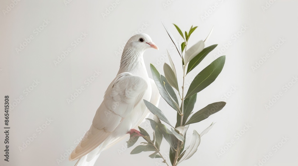 Peaceful symbolism: White dove holding an olive branch, set against a ...