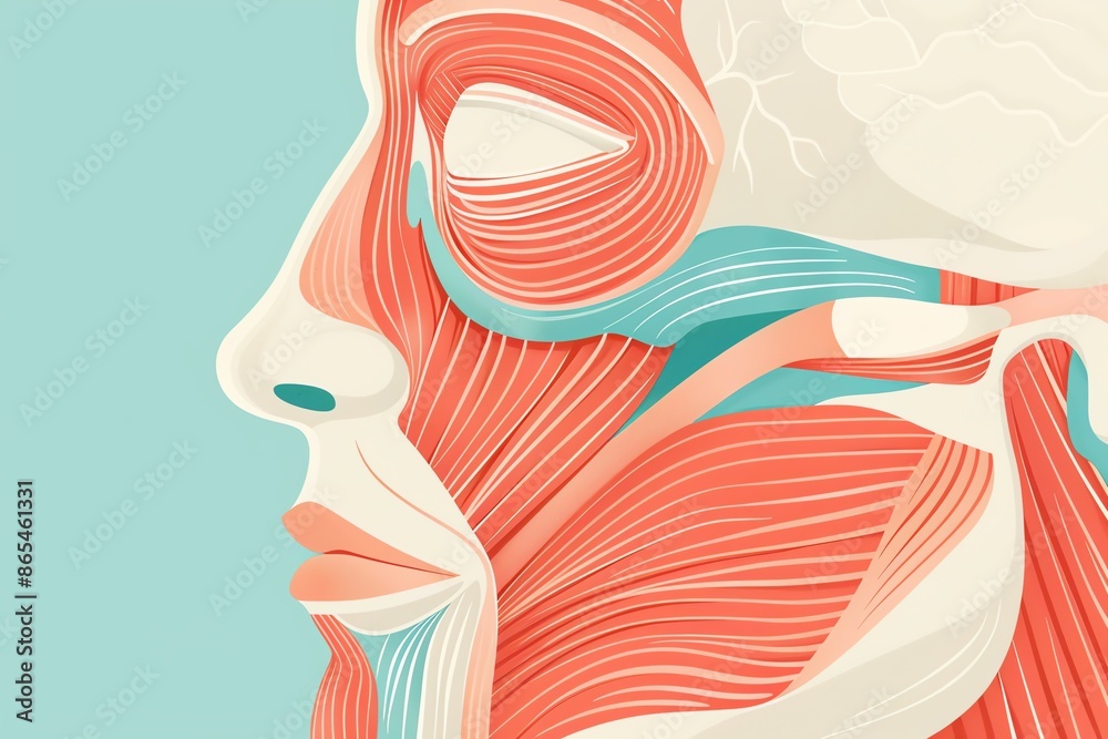 Detailed illustration of the layers of facial skin and muscles for ...