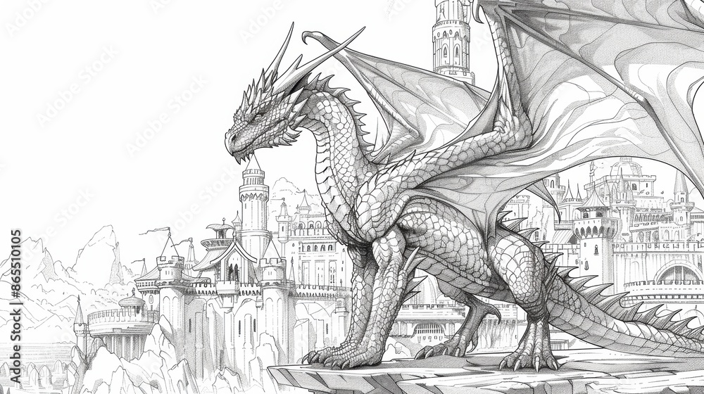 A powerful dragon stands guard in front of a castle in this coloring ...