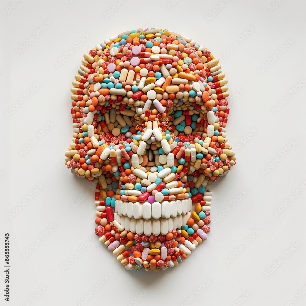 Human skull shape made of pills isolated on white background concept of ...