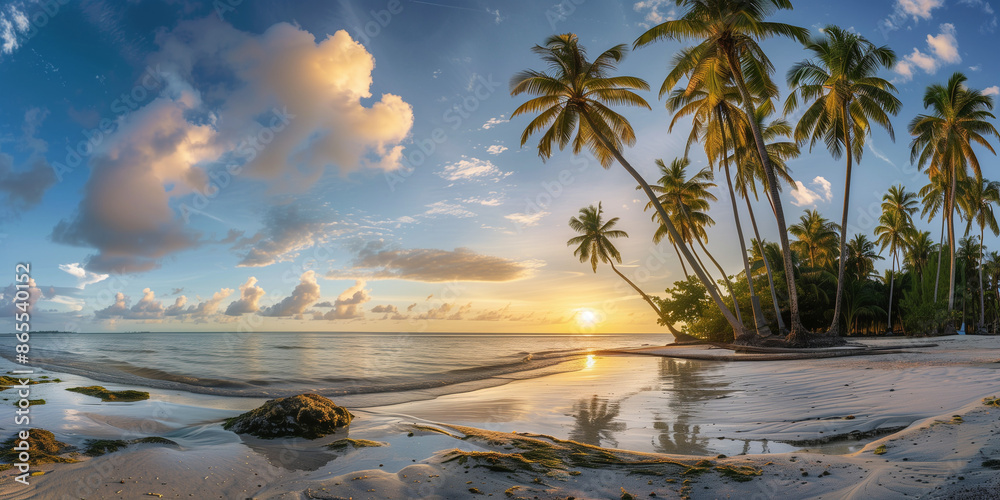 Panorama of sunset tropical beach with coconut palm trees, clear blue ...