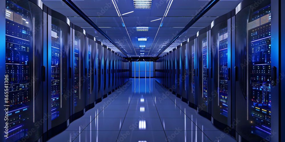 Modern data center with server racks illuminated by blue lights ...