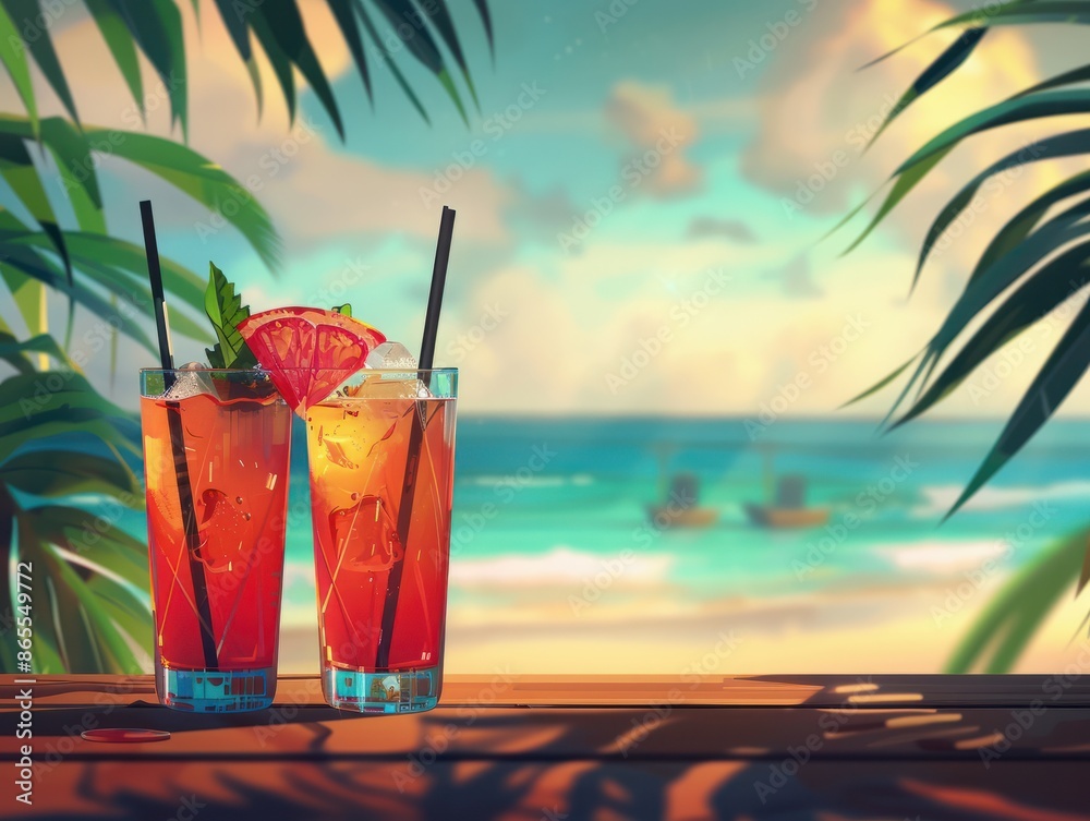 Cocktails at a beach bar at tropical resort. Summer vacation background ...
