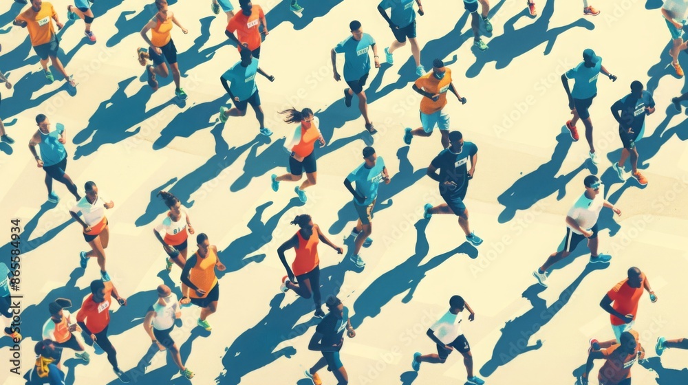 A group of runners cast long shadows as they race across a bright ...