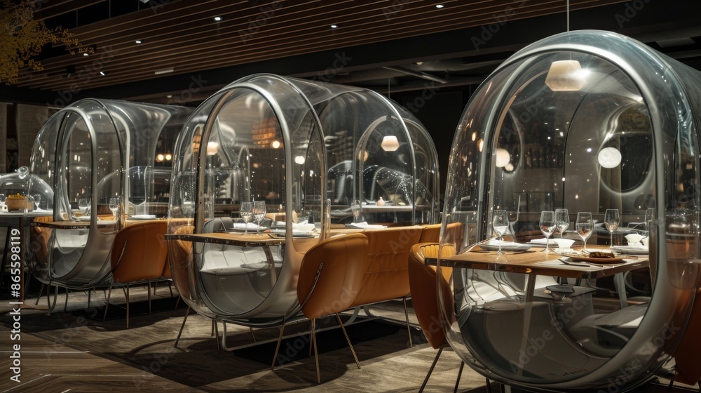 A modern restaurant interior featuring several clear, transparent ...