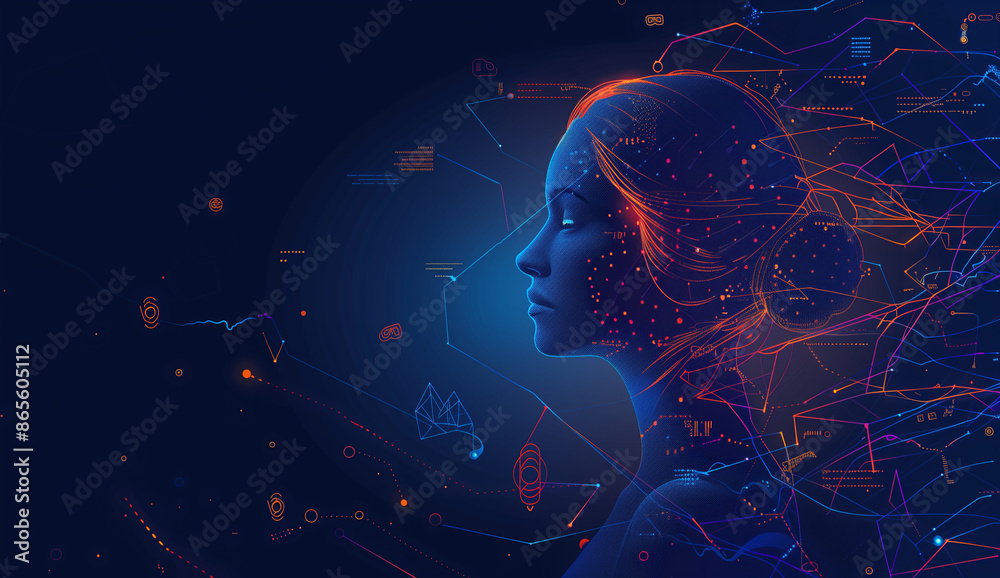 Digital illustration of an AI character in profile, surrounded in ...
