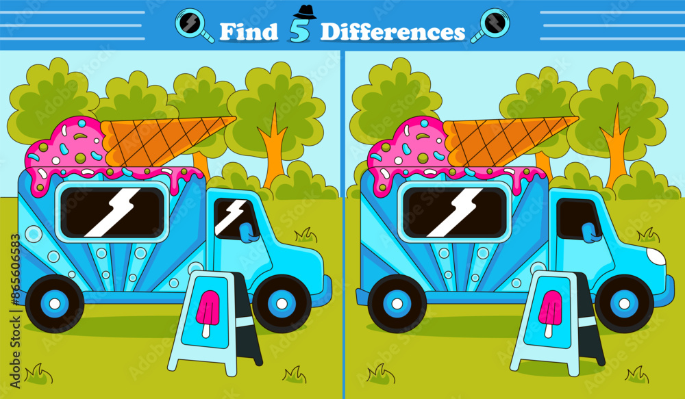 Find 5 differences game for children with ice cream truck, summer ...