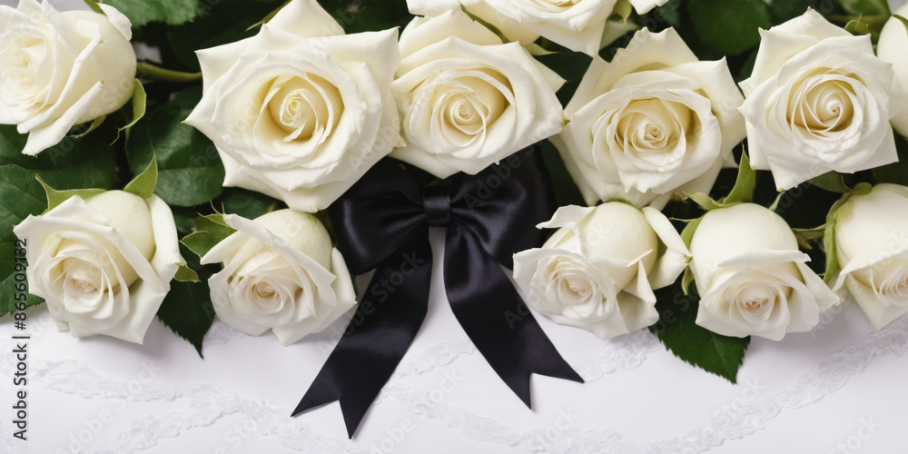 Bouquet of elegant white roses with black funeral ribbon and bow on a ...