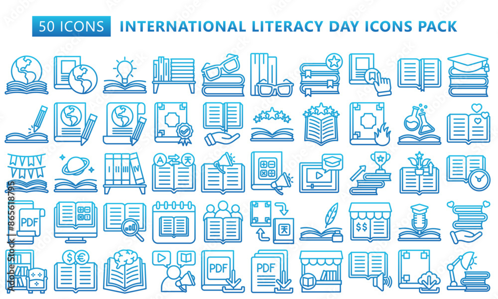 International Literacy Day gradient outline icons pack. contain book ...