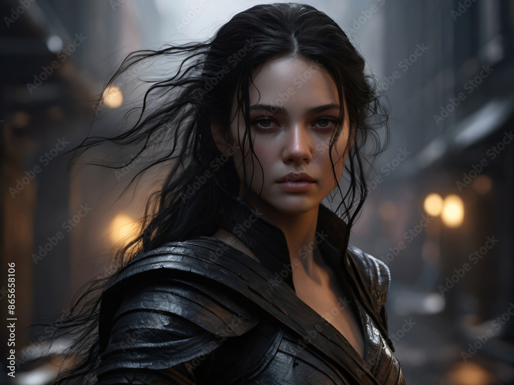 Brunette warrior woman wearing armor in a post apocalyptic city. Lady ...