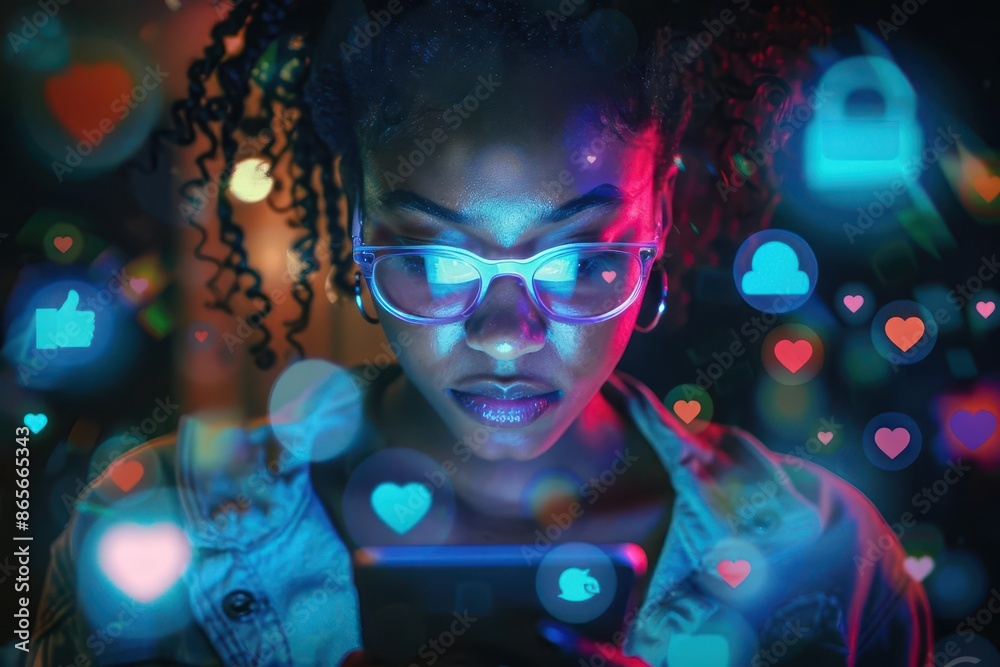 digital native portrait young diverse woman intensely focused on ...