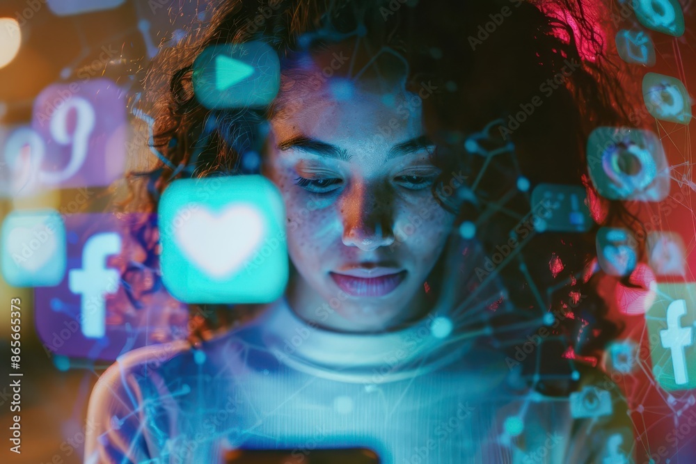 digital native portrait young diverse woman intensely focused on ...