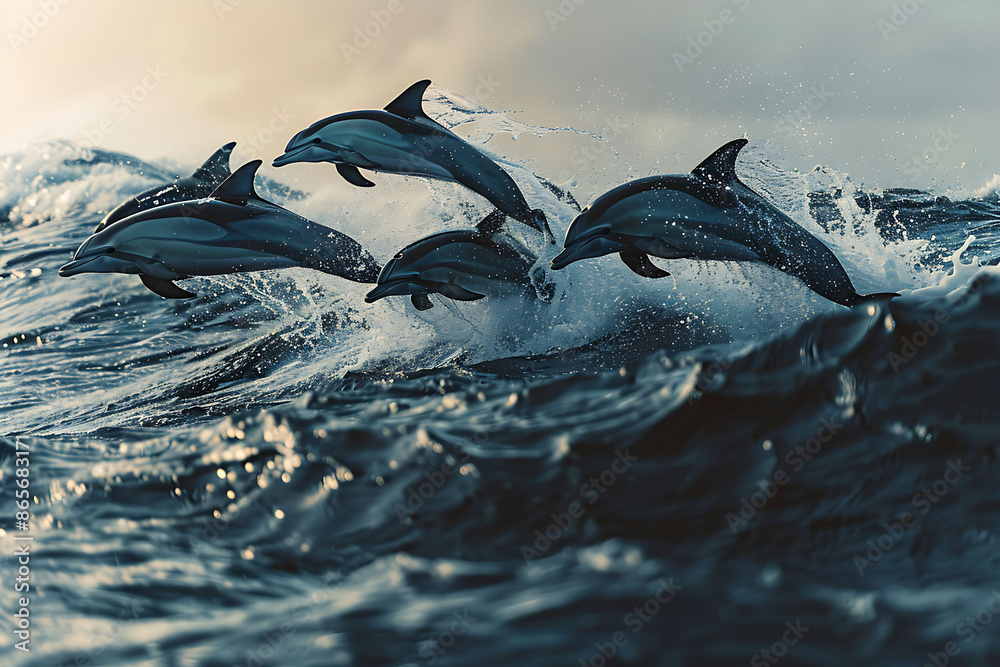 Pod of spinner dolphins leaping through waves off coast of Maui Hawaii ...
