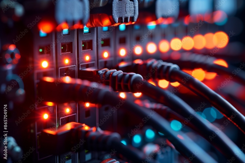 A close-up shot of a high-tech network switch with blinking lights and ...