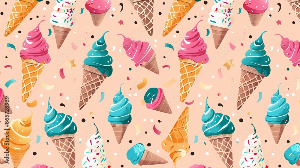 Cute ice cream pattern with bright harmonious colors. Ideal for joyful ...