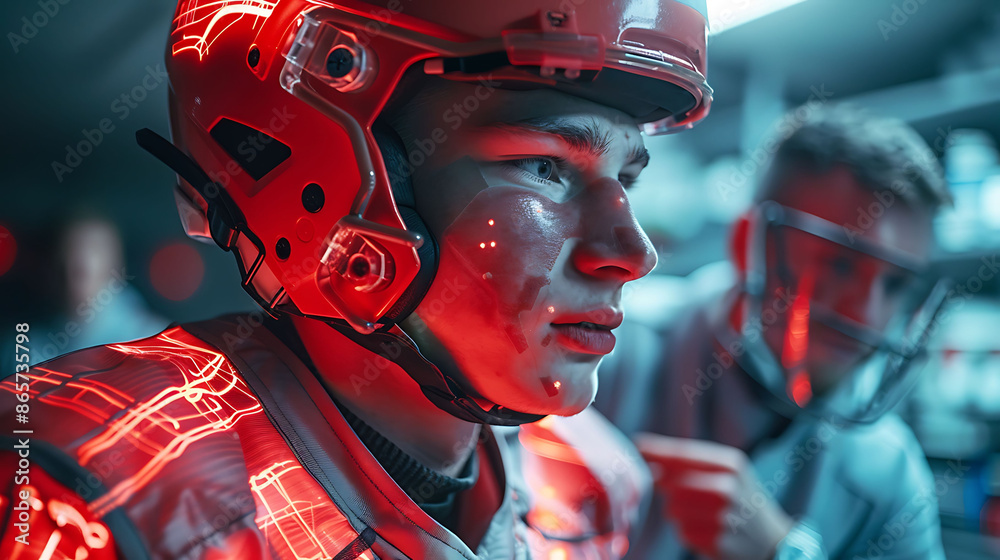 Rugby player doing dynamic shoulder stretches with glowing xray ...