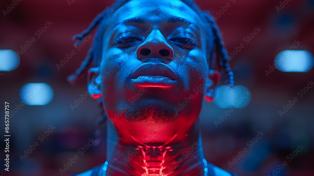 Wrestler doing dynamic neck stretches with glowing xray neck supervised ...