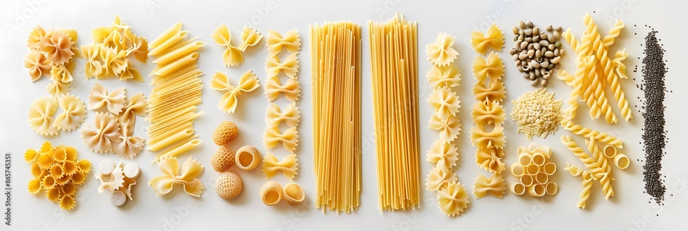 Variety of Pasta Shapes and Sizes on a White Background Stock Photo ...