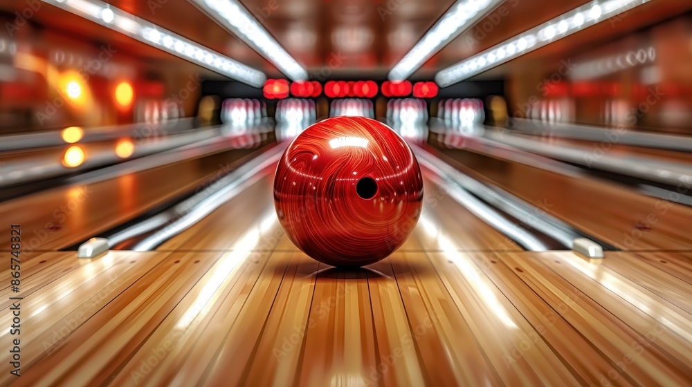 This image showcases a single red bowling ball positioned centrally on ...