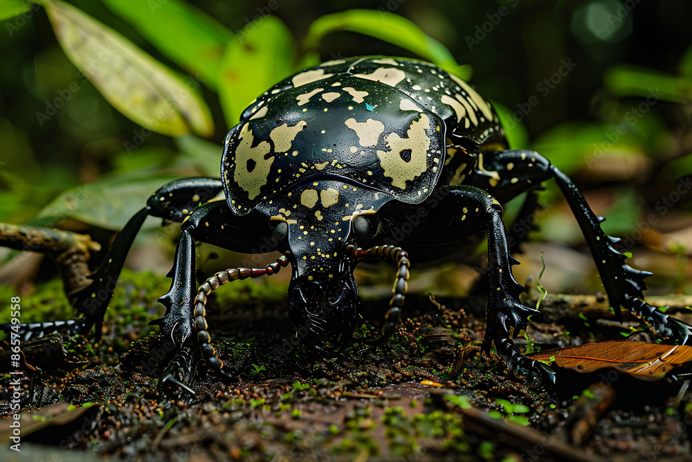 Rare Goliath beetle crawling a rainforest floor highlighting the unique ...
