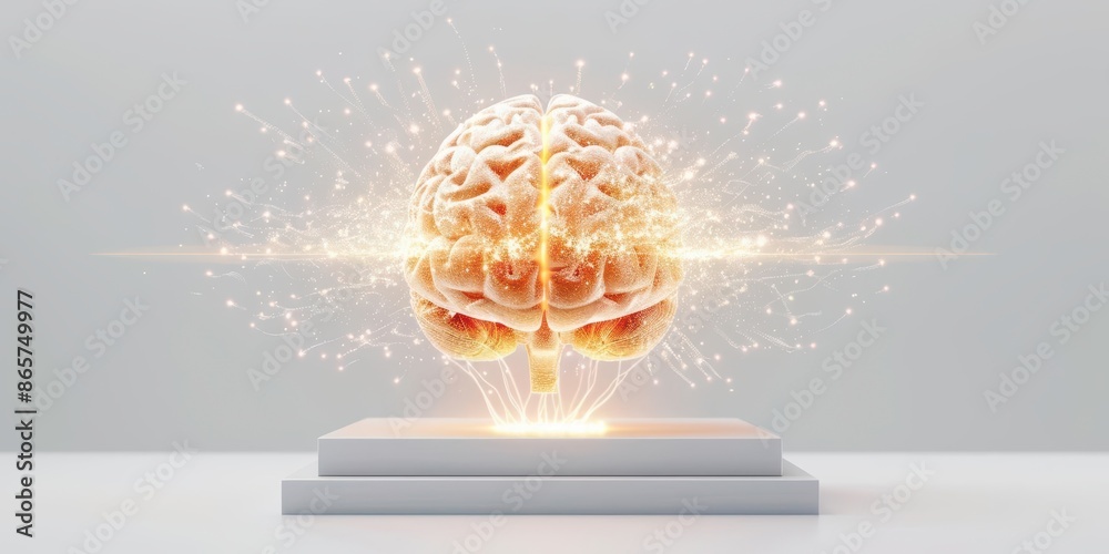 Human brain glowing with neural networks and light particles ...