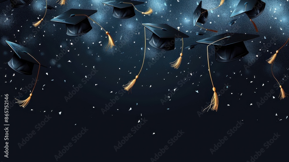 Depiction of graduation caps flying in the air with a backdrop of ...