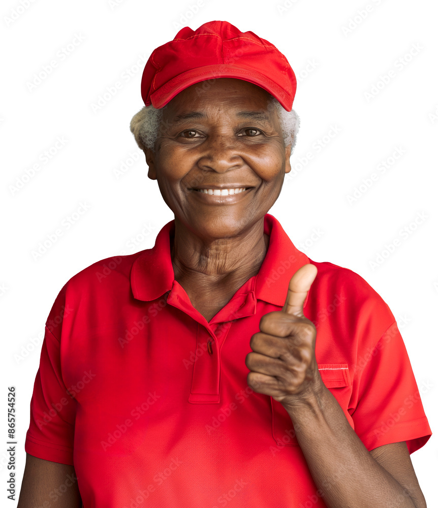Elderly African woman in a red uniform and cap, smiling and giving a ...