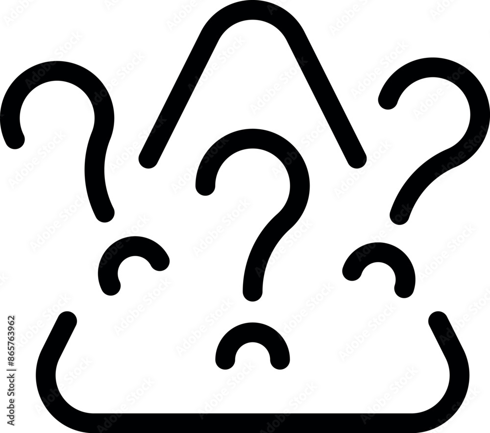 Many question marks are floating above a triangle shape, representing a brainstorming session ...