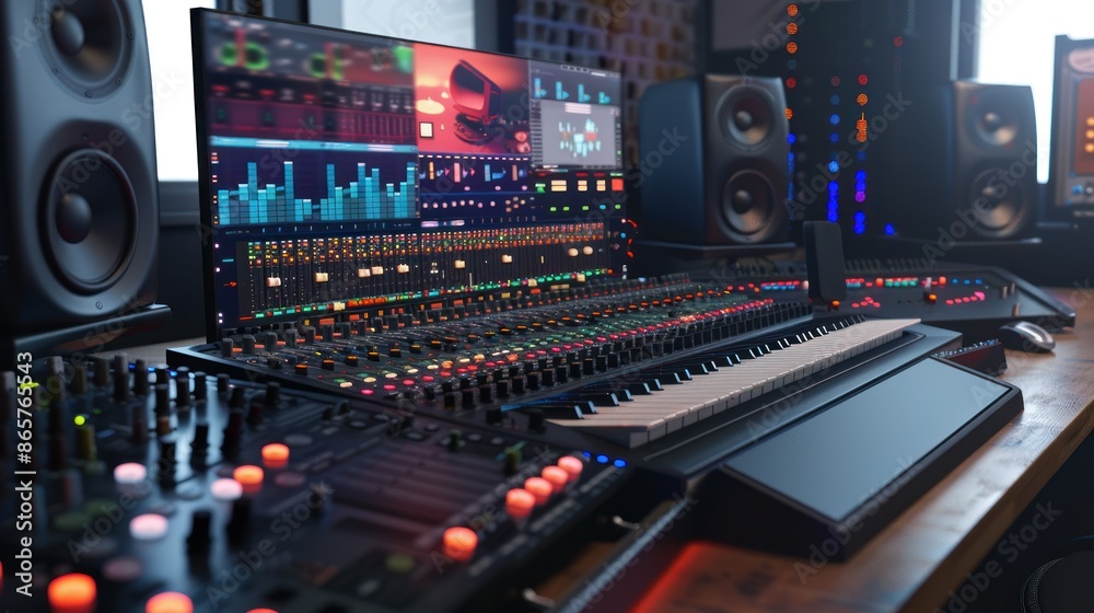 Professional music studio setup with mixing console, computer, audio ...