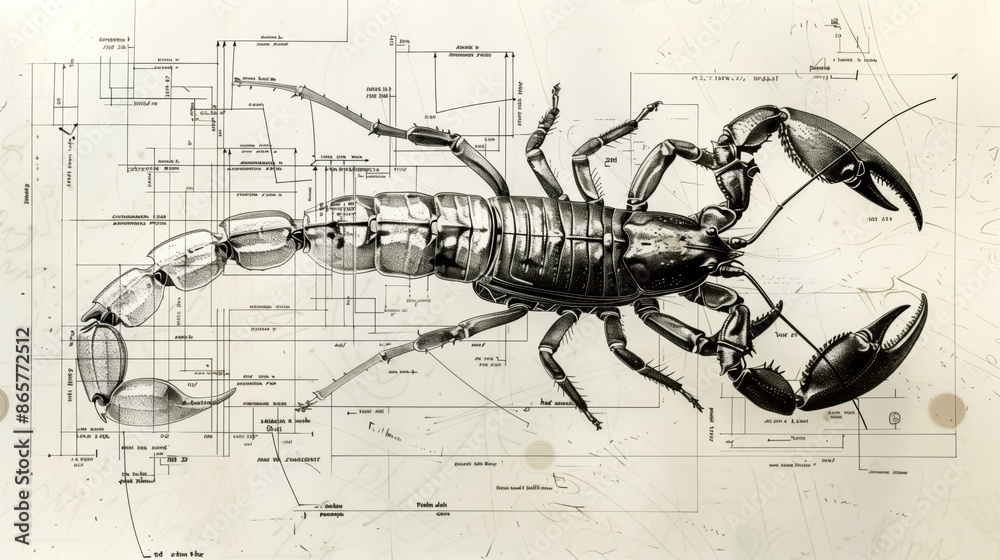 Intricate Scorpion Illustration with Technical Drawing Elements and ...