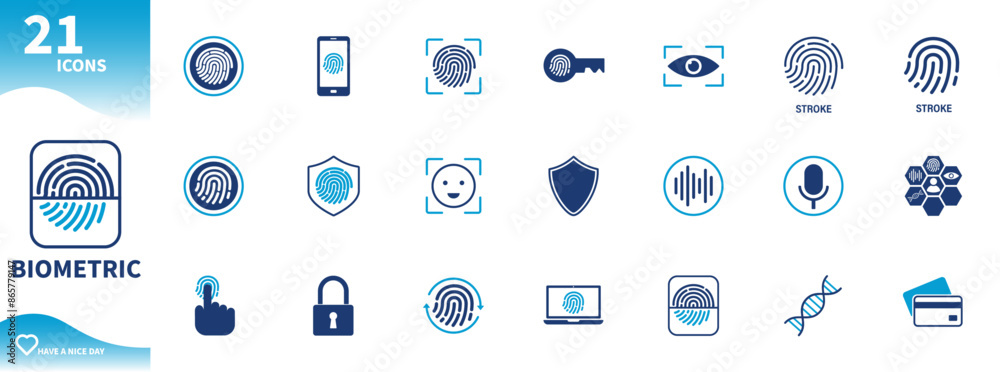 Biometric security icon. Set of icons for fingerprint, retina scan, voice, face id. Solid vector ...