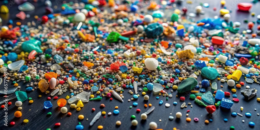 Colorful microplastics scattered across a dark background, varying ...