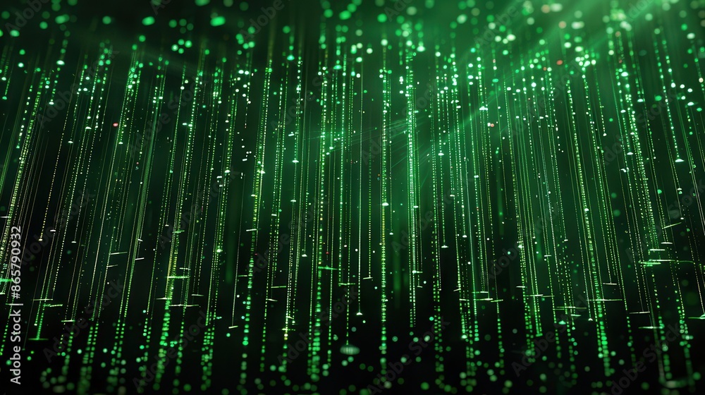 abstract digital matrix background with glitching green code raining down black screen ...