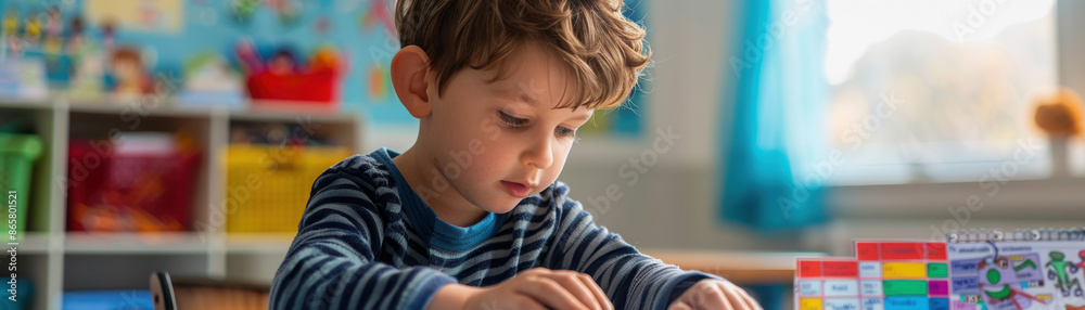 Autistic child using a visual schedule to follow classroom activities ...
