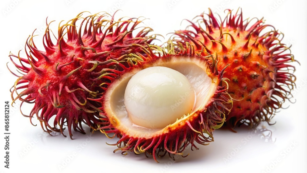 Vibrant rambutan fruit, hairy red skin closed and peeled open to reveal ...